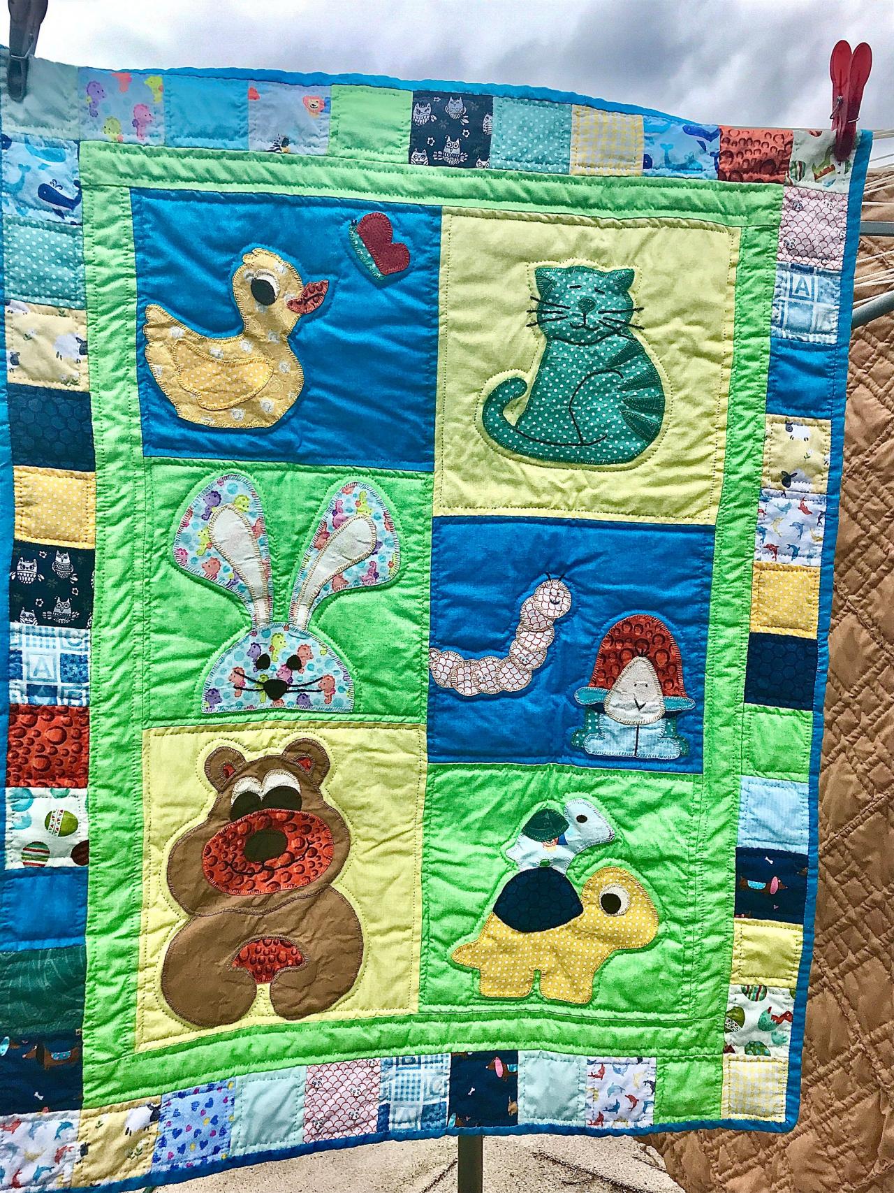 Cute Hand Stitched Baby Quilted Cover Or Play Mat. on Luulla