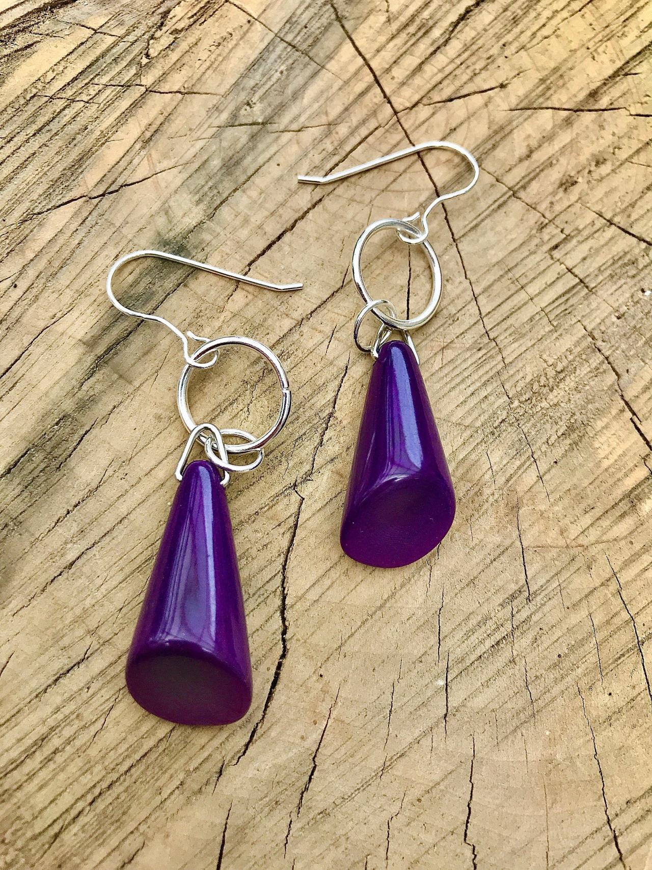 Beautiful Purple Conic Tagua Nut (vegetable Ivory) Dangle Earrings With ...