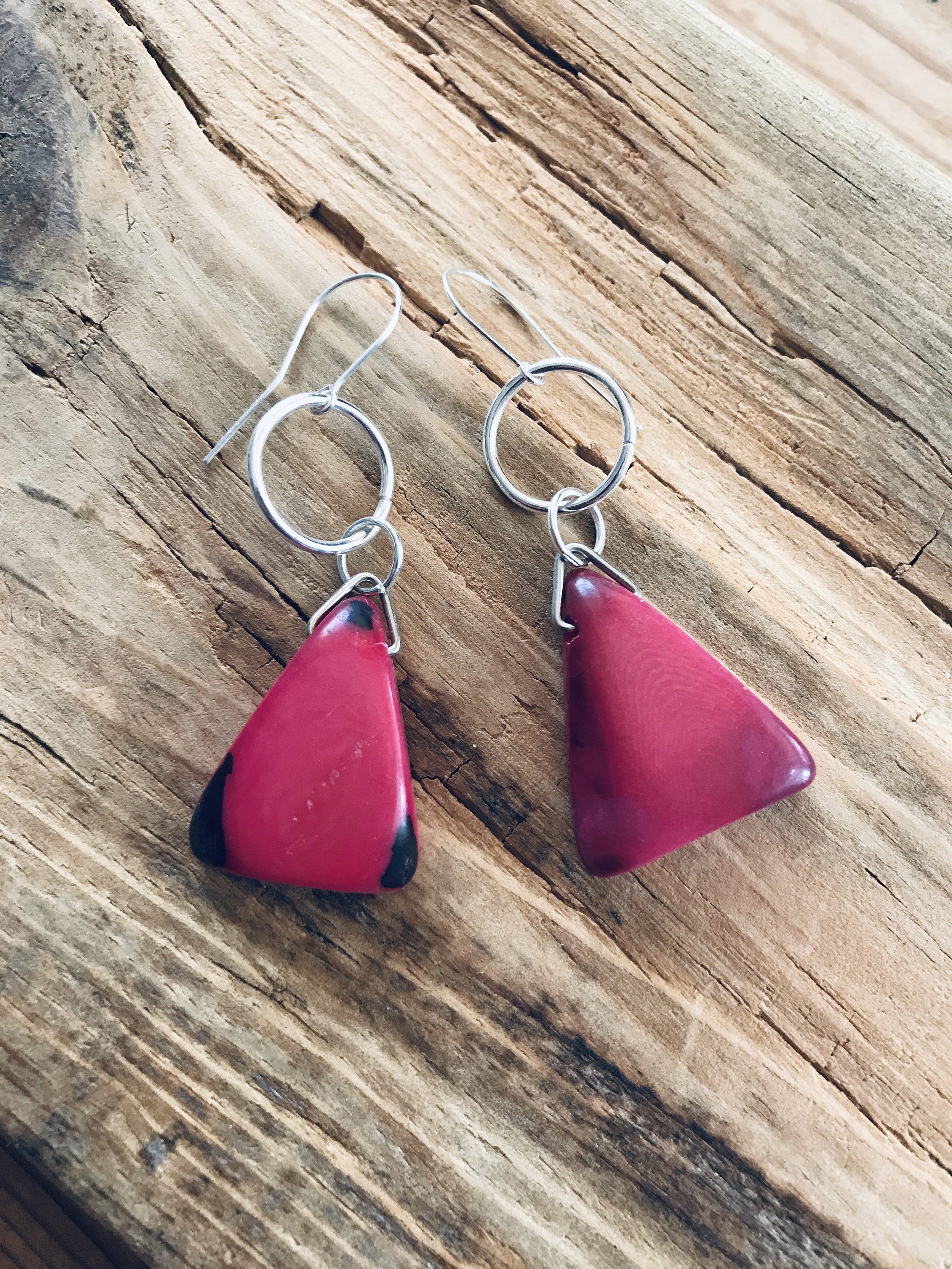 Gorgeous Pink Triangle Boho Tagua Nut Dangle Earrings With Sterling Silver Wires on Luulla